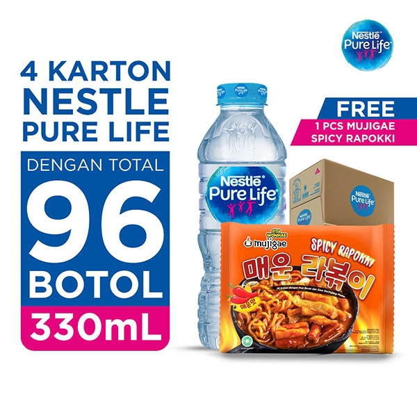 Paket 4 Karton Nestle Pure Life 330mL (96 botol) Free Mujigae Spicy ...